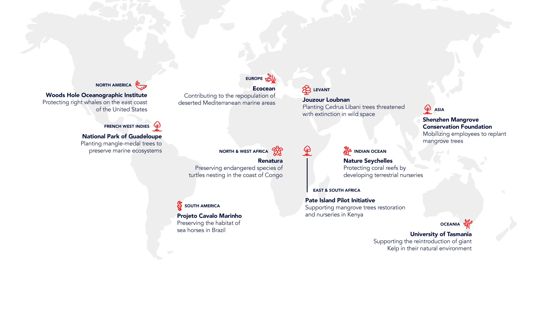 Map Protection of endemic species by the CMA CGM Group all around the world